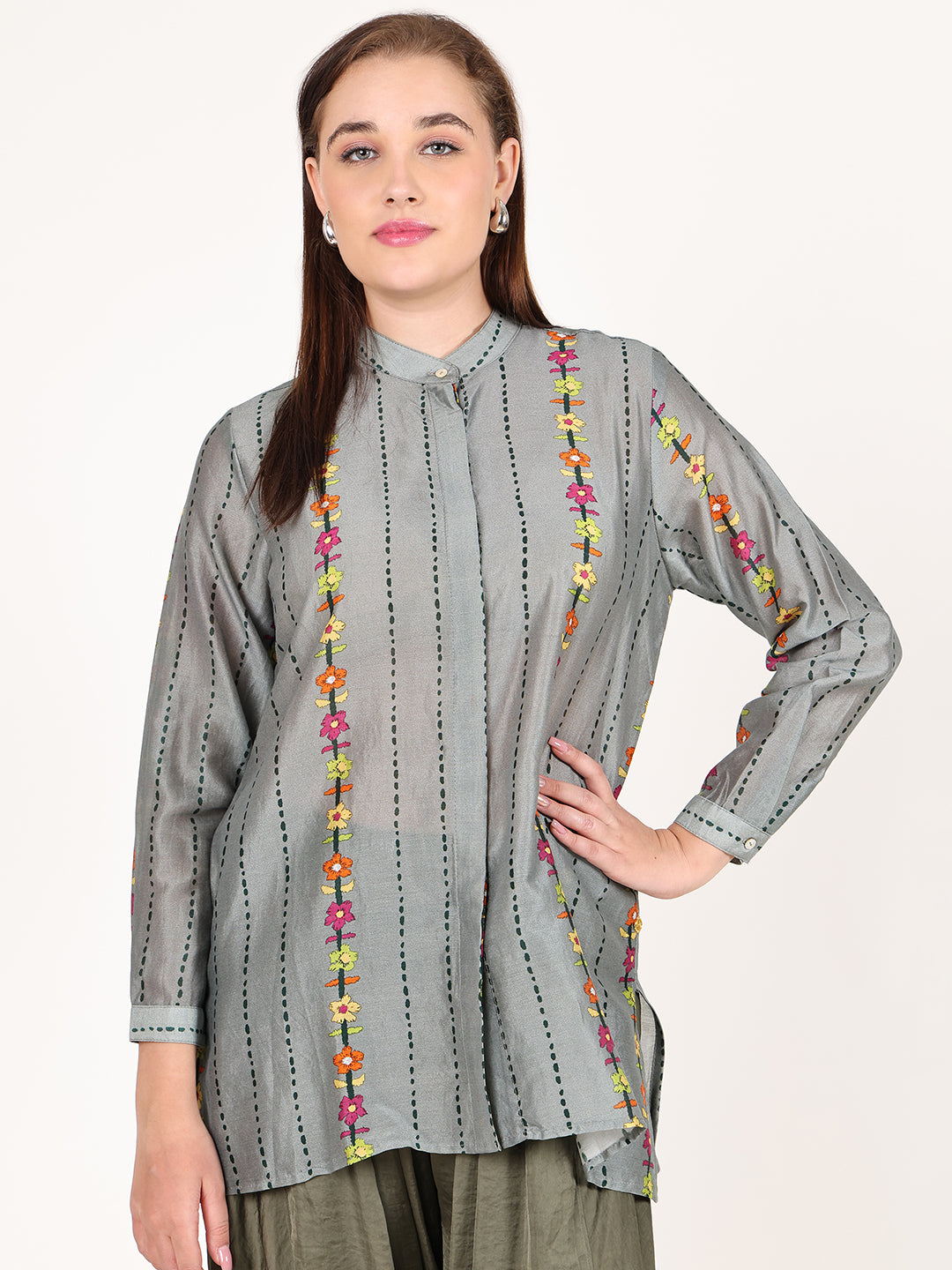 Buy Lines Grey Conceal Button Shirt Online - Chique