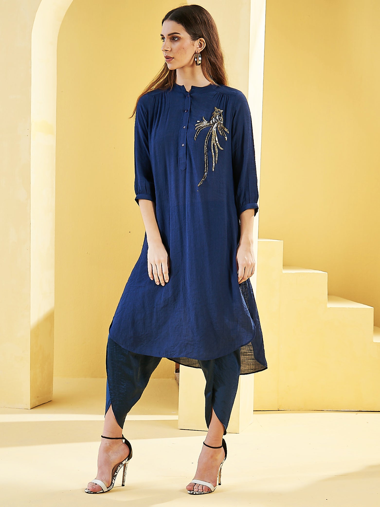 Buy Navy Peacock Gathered Tunic Online - Chique