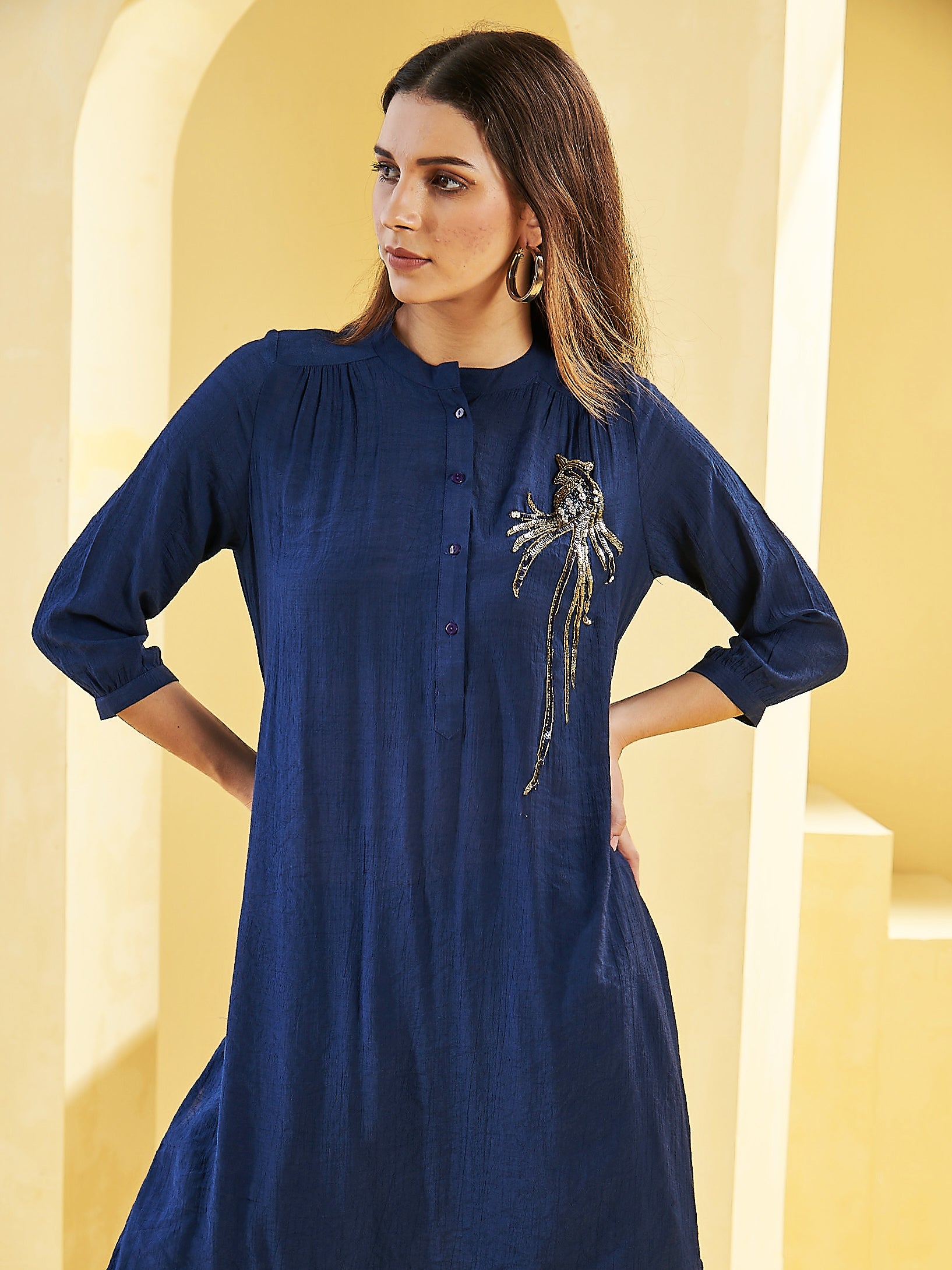 Buy Navy Peacock Gathered Tunic Online - Chique